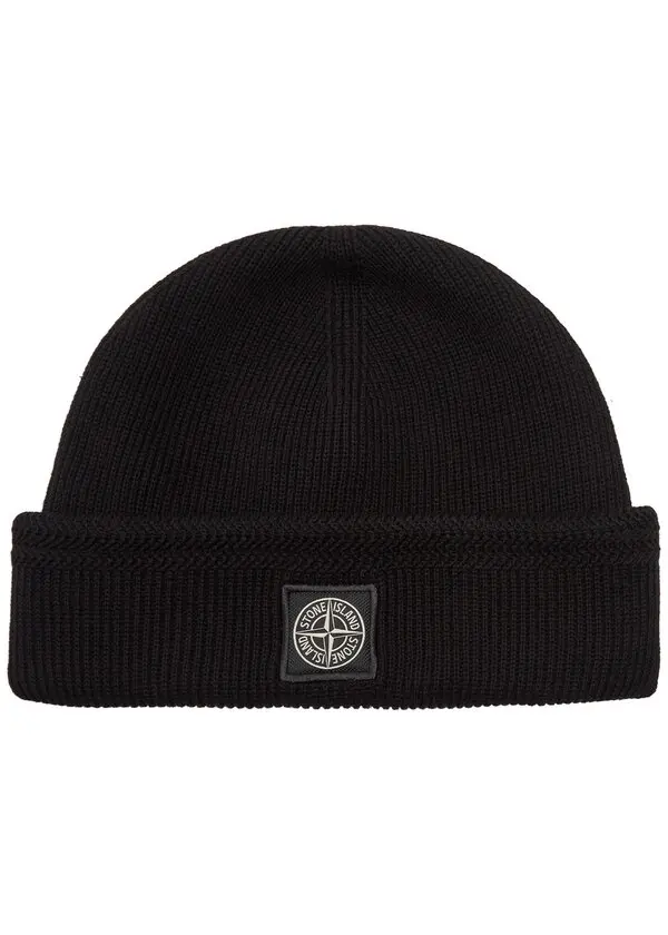 Stone Island Compass Logo Ribbed Cotton-knit Beanie - Black