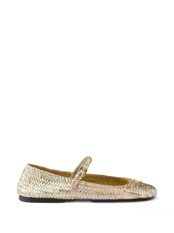 Prada Woven Leather Ballerinas With Buckle Detail - Gold