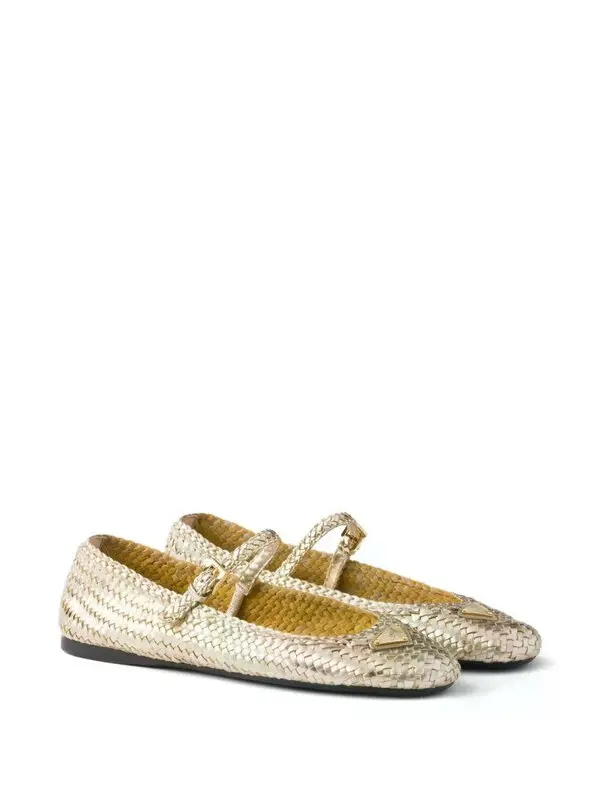 Prada Woven Leather Ballerinas With Buckle Detail - Gold