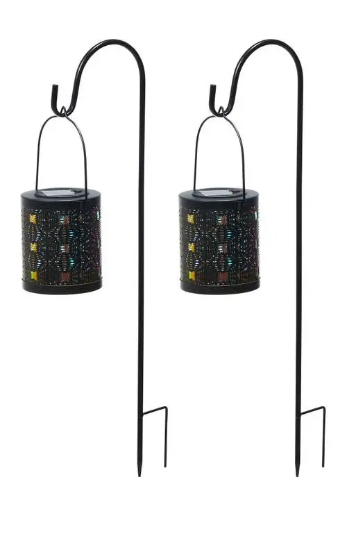 GLITZHOME Set Of 2 Metal Cutout Pattern Solar Powered Lantern With Led Light - Black