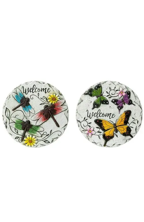 GLITZHOME Set Of 2 Cement Stepping Stones With Fluttering Butterflies And Dragonflies Pattern - White