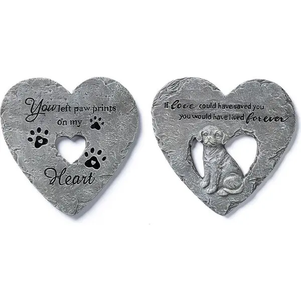 GLITZHOME Set Of 2 Cement Heart Shaped Paw Prints And Dog Memory Stepping Stones - Grey