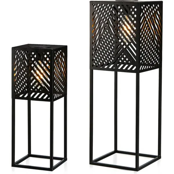 GLITZHOME Set Of 2 Metal Geometric Floor Solar Powered Outdoor Lanterns - Black