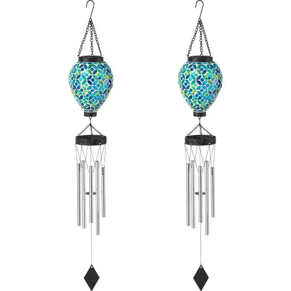 GLITZHOME Set Of 2 37"h Solar Lighted Metal And Glass Mosaic Windchime - Green