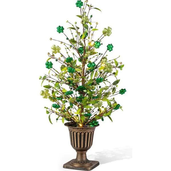 GLITZHOME 3ft Lighted St. Patrick's Shamrock Urn Porch Tree With Timer - Green