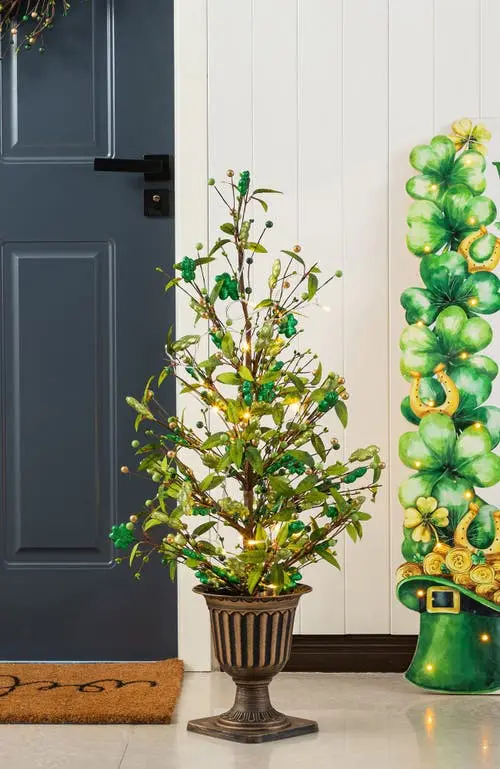 GLITZHOME 3ft Lighted St. Patrick's Shamrock Urn Porch Tree With Timer