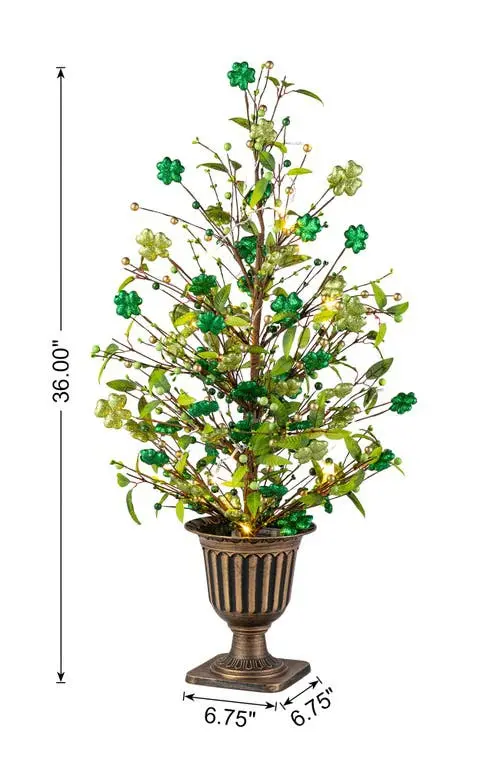 GLITZHOME 3ft Lighted St. Patrick's Shamrock Urn Porch Tree With Timer