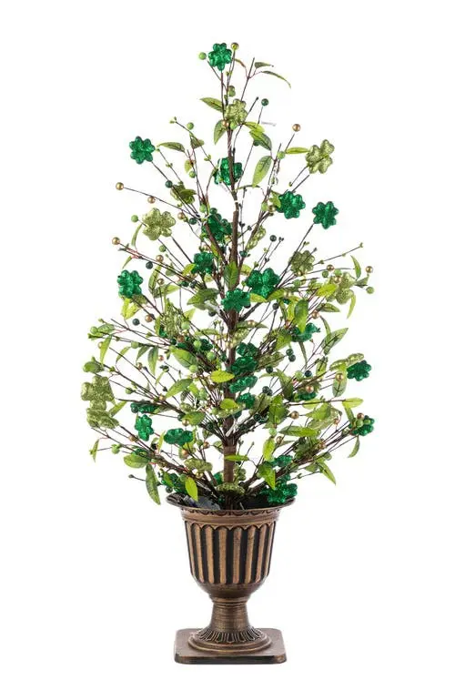 GLITZHOME 3ft Lighted St. Patrick's Shamrock Urn Porch Tree With Timer