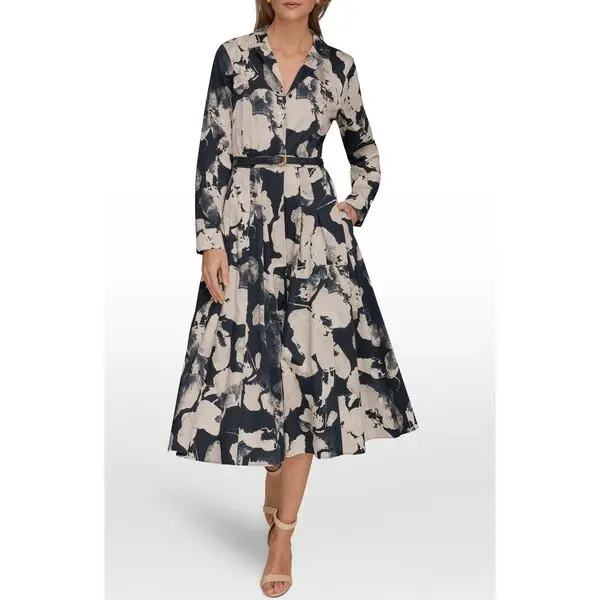 knee length dresses for ladies Printed Tie Front Midi Shirt Dress