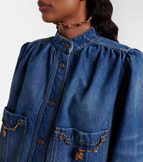 Chloé Gathered Embellished Denim Jacket - Blue
