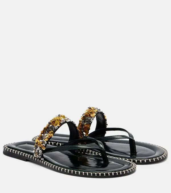 Dries Van Noten Sequined Leather Thong Sandals - Black