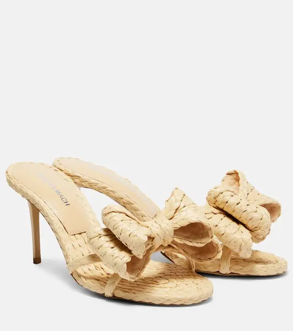 Mach & Mach Le Cadeau Raffia Mules With Bow Detailing - Beige