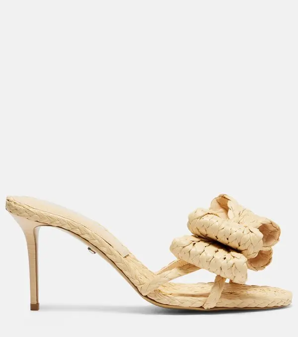 Mach & Mach Le Cadeau Raffia Mules With Bow Detailing - Beige