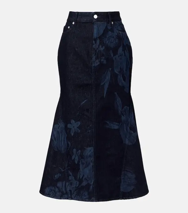 Erdem Floral Flared Denim Midi Skirt - Blue