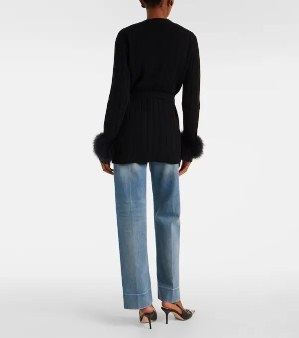 Valentino Garavani Feather-trimmed Virgin Wool Cardigan - Black