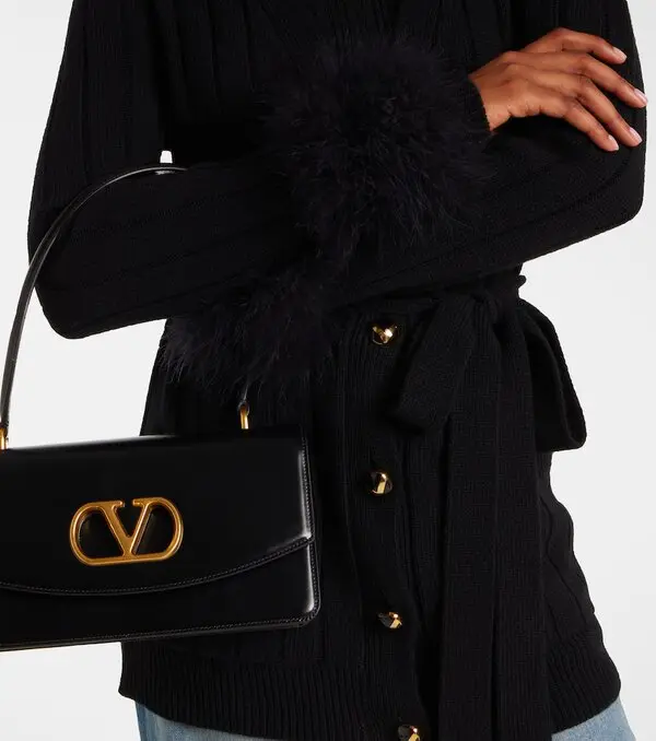 Valentino Garavani Feather-trimmed Virgin Wool Cardigan - Black