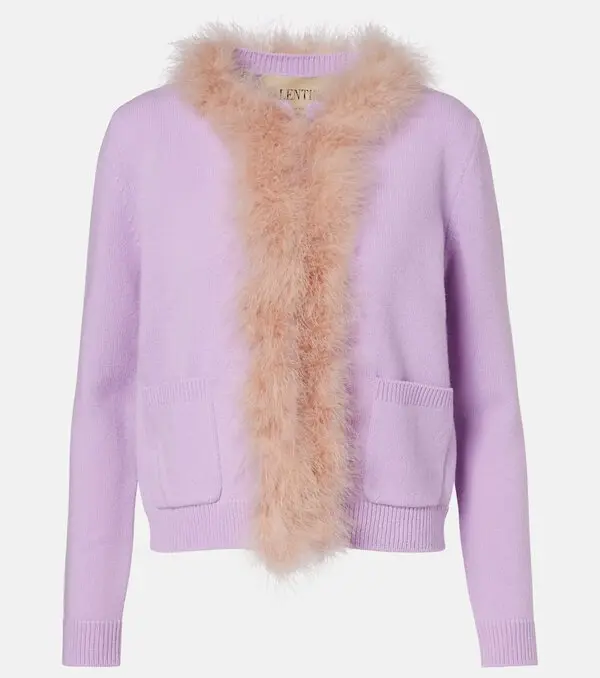 Valentino Garavani Feather-trimmed Virgin Wool Cardigan - Purple