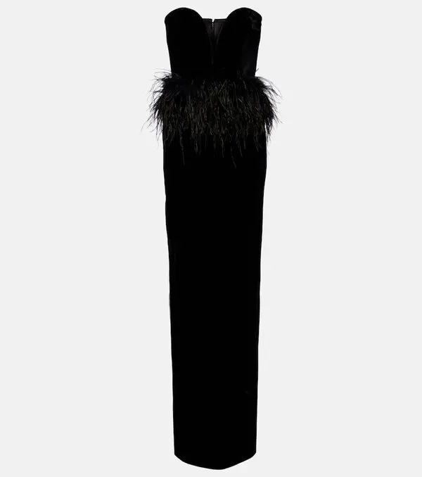 THE NEW ARRIVALS ILKYAZ OZEL Feather-trimmed Strapless Velvet Gown - Black