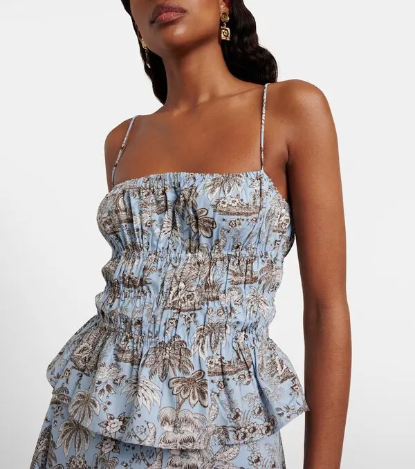 Staud Floral Ruched Cotton Top - Blue