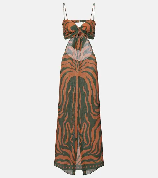 Johanna Ortiz Printed Cutout Linen Maxi Dress - Brown