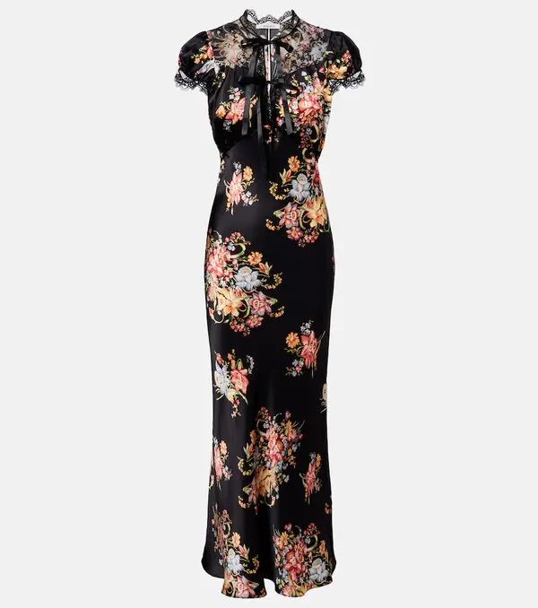 RODARTE Floral Lace-trimmed Silk Midi Dress - Black