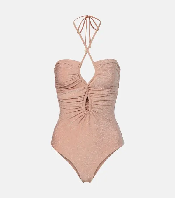 Johanna Ortiz Cutout Ruched Halterneck Lamé Swimsuit - Pink