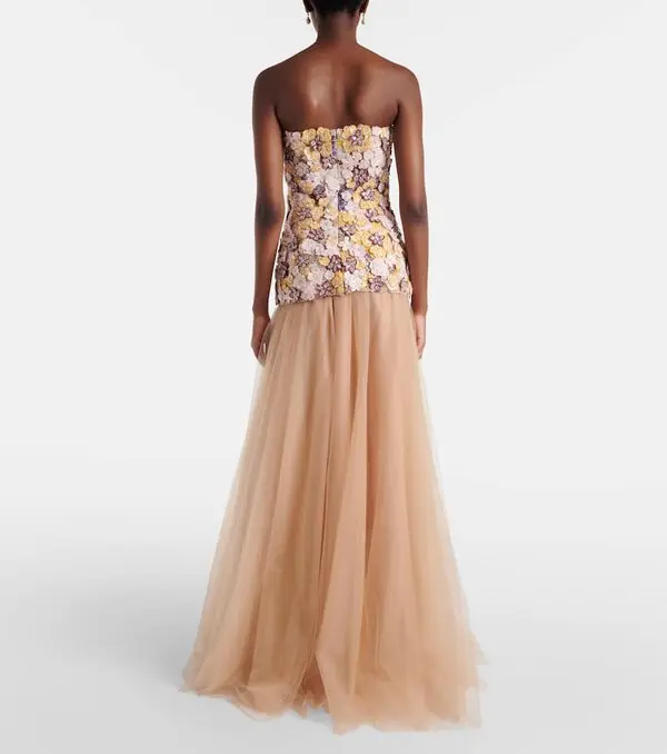 Costarellos Theia Floral-appliqué Sequined Tulle Gown - Beige