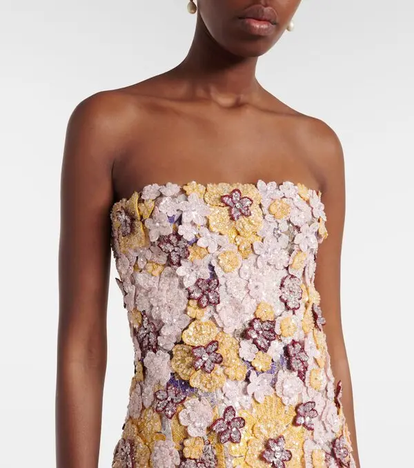 Costarellos Theia Floral-appliqué Sequined Tulle Gown - Beige