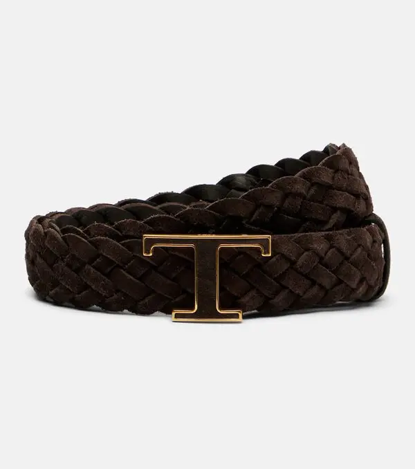 TOD'S T Timeless Braided Suede Belt - Brown