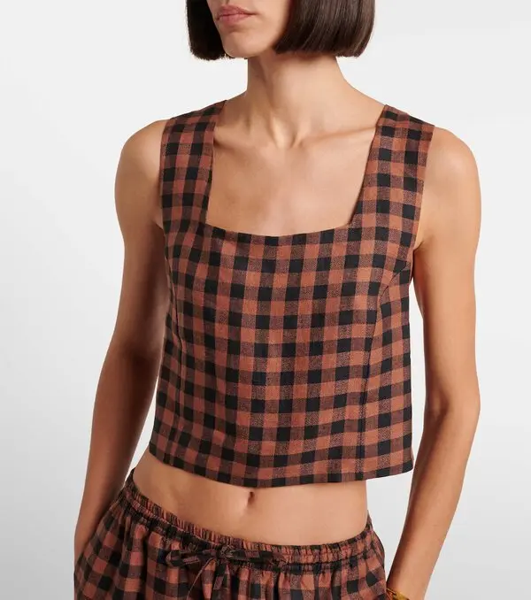 Asceno Checked Linen Top - Brown