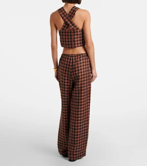Asceno Checked Linen Wide-leg Pants - Brown
