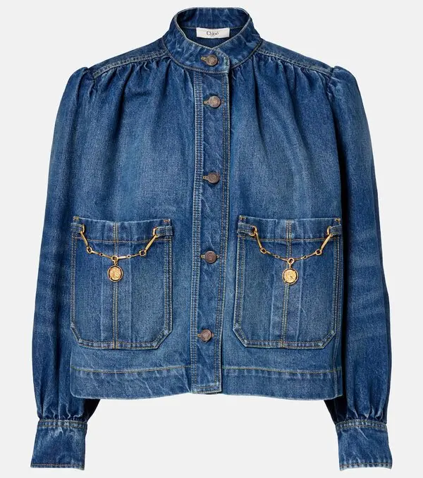 Chloé Gathered Embellished Denim Jacket - Blue