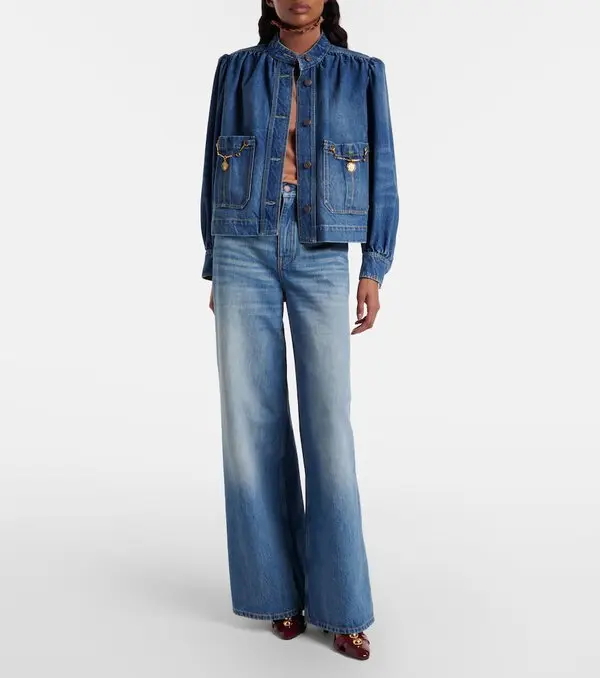 Chloé Gathered Embellished Denim Jacket - Blue