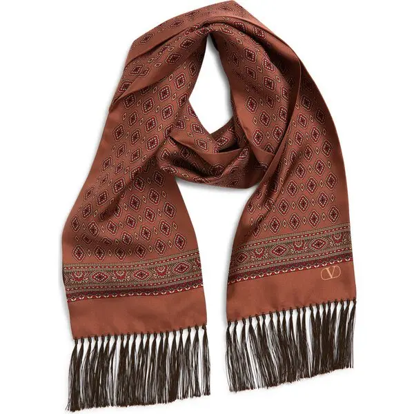 Valentino Garavani Medallion Print Silk Fringe Scarf - Light Hazelnut
