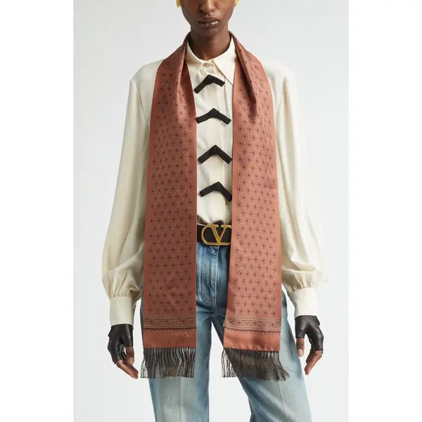 Valentino Garavani Medallion Print Silk Fringe Scarf - Light Hazelnut