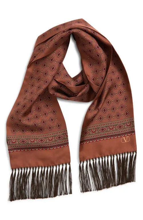 Valentino Garavani Medallion Print Silk Fringe Scarf - Light Hazelnut