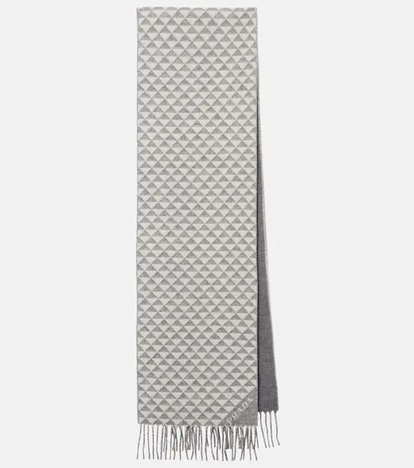Prada Logo Wool And Cashmere Jacquard Scarf - Grey