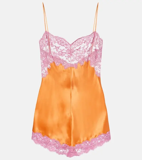 Saint Laurent Lace-trimmed Silk Satin Bodysuit - Orange