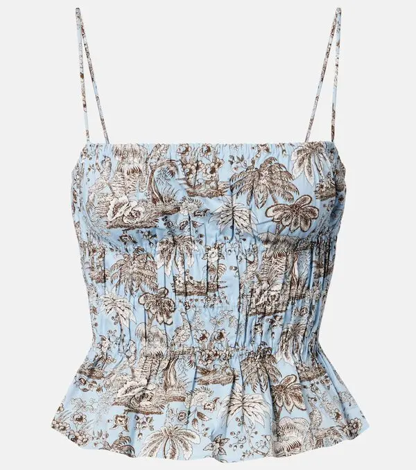 Staud Floral Ruched Cotton Top - Blue