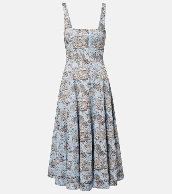 Staud Wells Floral Cotton Poplin Midi Dress - Blue