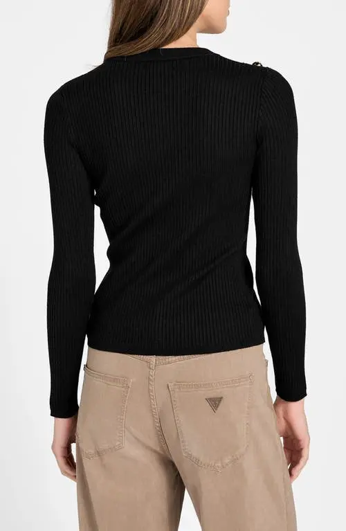 Guess Ribbed Sweater With Shoulder-button Accents - Black
