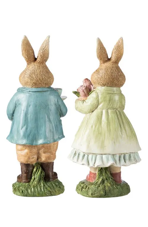 GLITZHOME Easter Resin Bunny Couple Table Decor With Coffee And Tulips