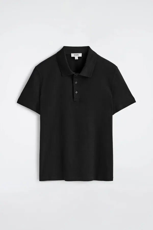 Cos Slim Ribbed Cotton Polo Shirt - Black