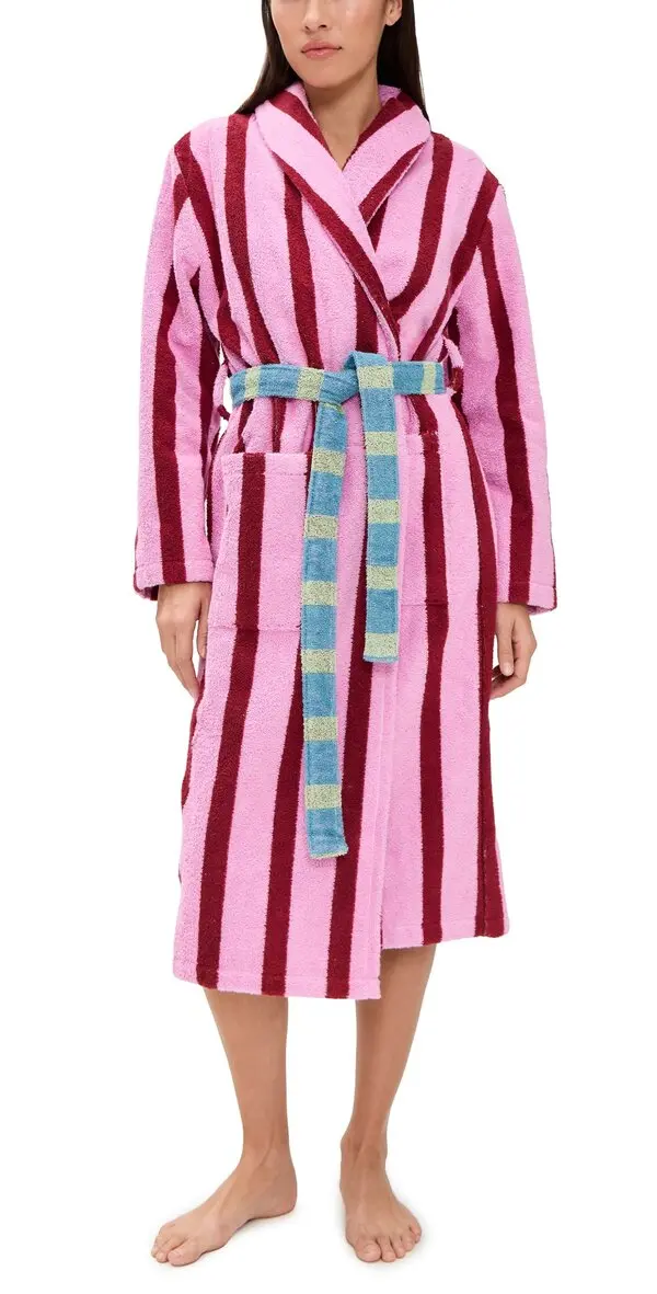 DUSEN DUSEN Striped Terry Cloth Bathrobe - Magnolia