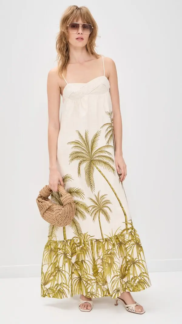 Andres Otalora Sleeveless Sweetheart Neck Maxi Dress with Palm Tree Print and Ruffle Hem - Green Paradiso