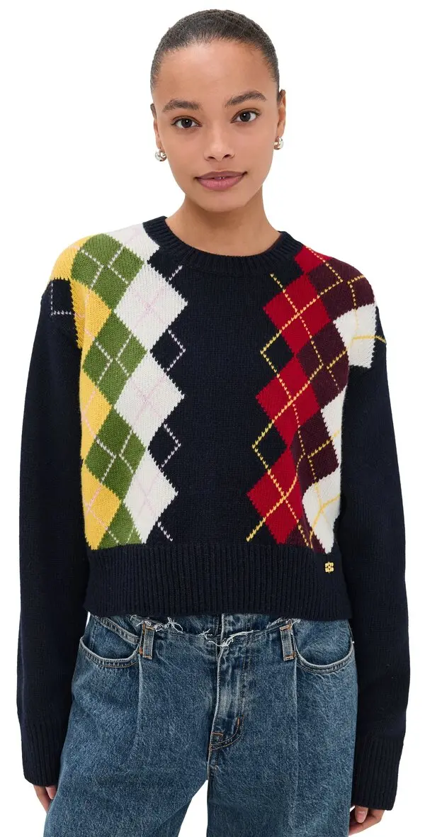 GANNI Chunky Wool Mix Argyle Knit Pullover - Sky Captain