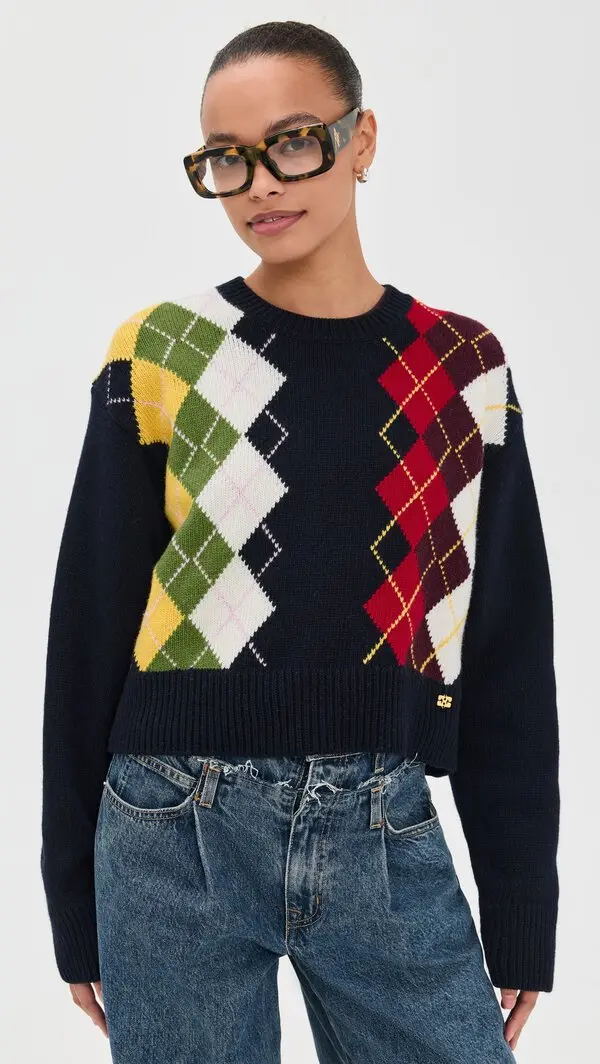 GANNI Chunky Wool Mix Argyle Knit Pullover - Sky Captain