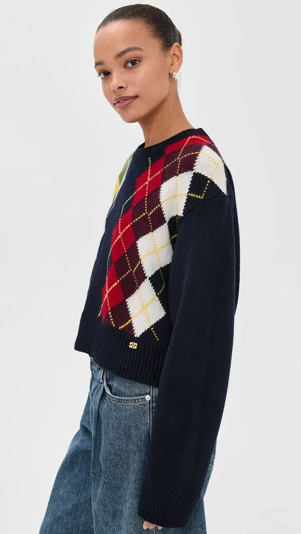 GANNI Chunky Wool Mix Argyle Knit Pullover - Sky Captain
