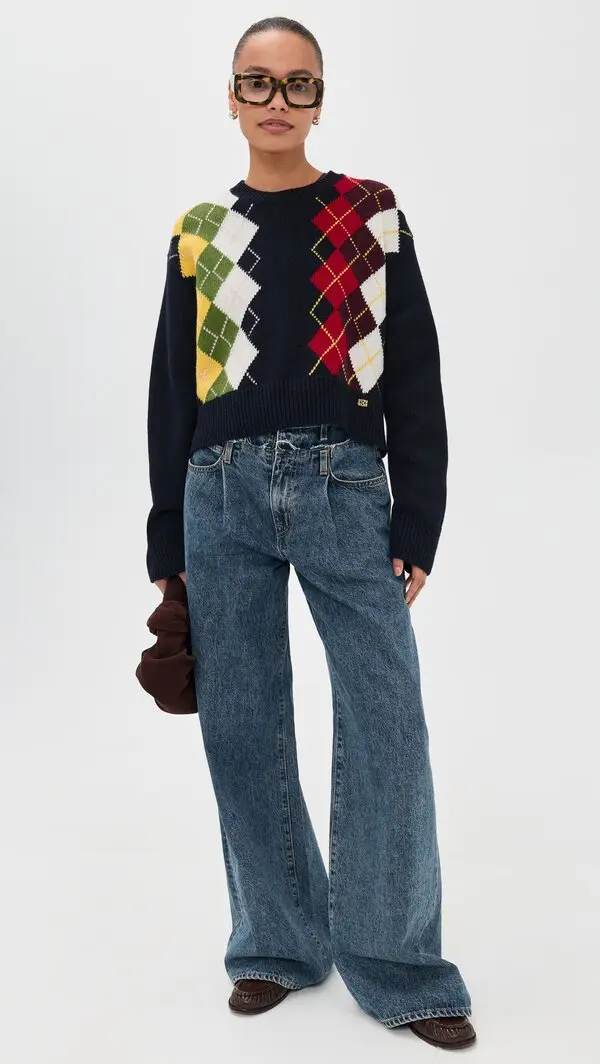 GANNI Chunky Wool Mix Argyle Knit Pullover - Sky Captain