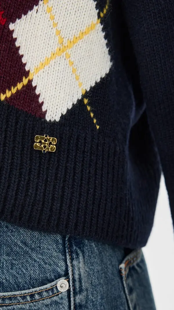 GANNI Chunky Wool Mix Argyle Knit Pullover - Sky Captain